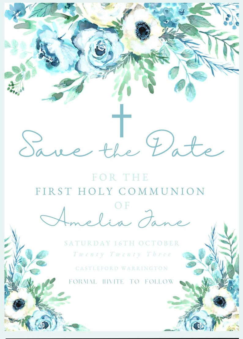 Editable Teal Green Floral Printable First Holy Communion Save the Date ...