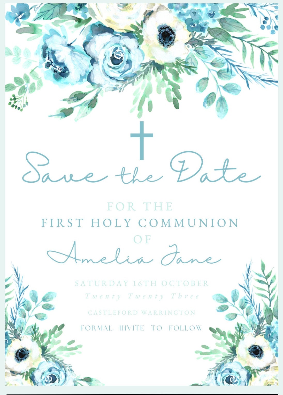 Editable Teal Green Floral Printable First Holy Communion Save the Date ...