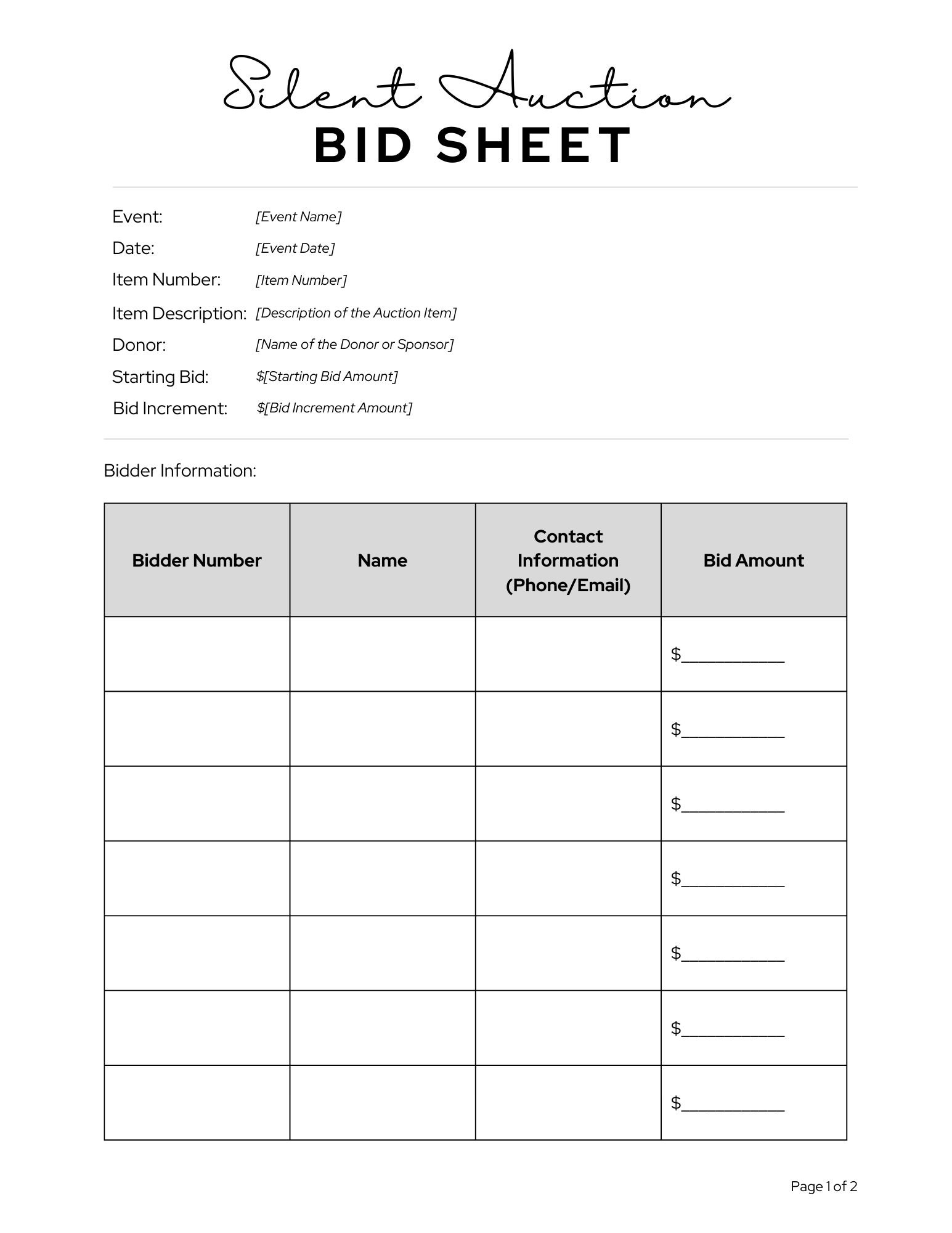 Silent Auction Form Editable Silent Auction Bid Sheet Fundraiser Ideas ...