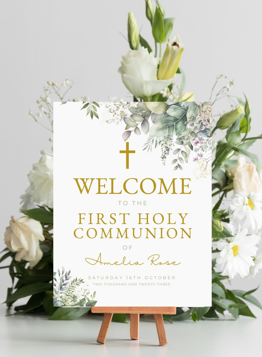 First Holy Communion Welcome Sign, Greenery 1st Communion Sign ...