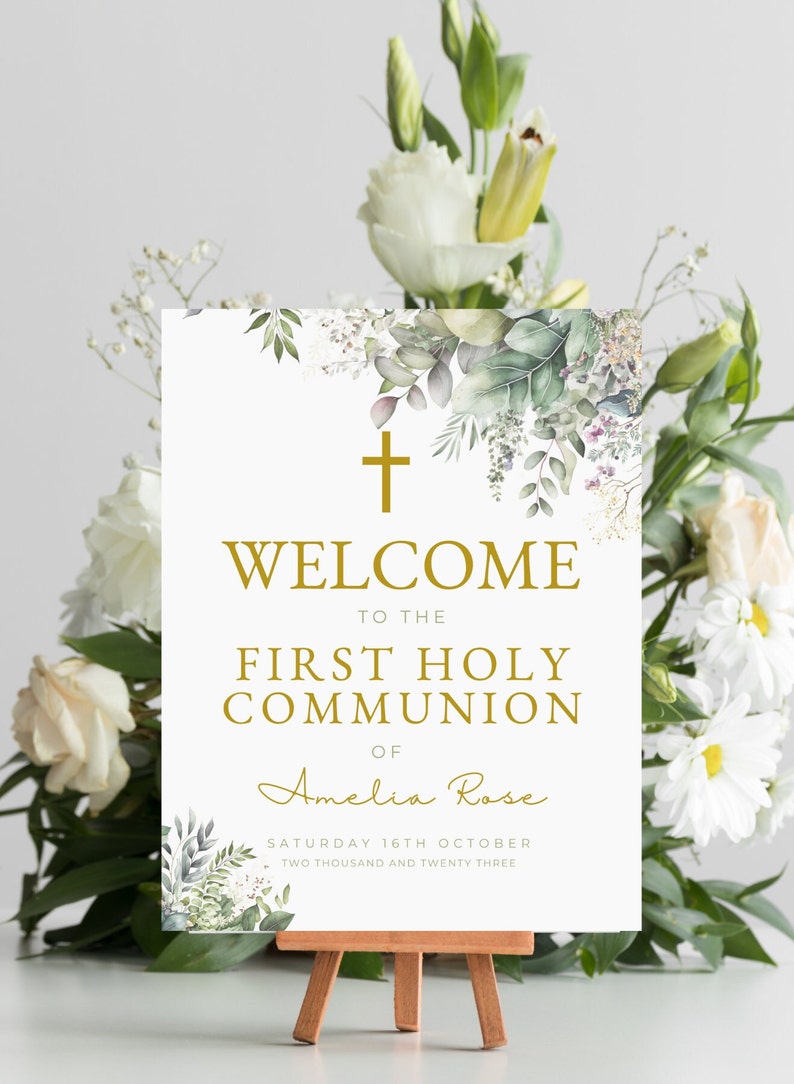 First Holy Communion Welcome Sign, Greenery 1st Communion Sign ...