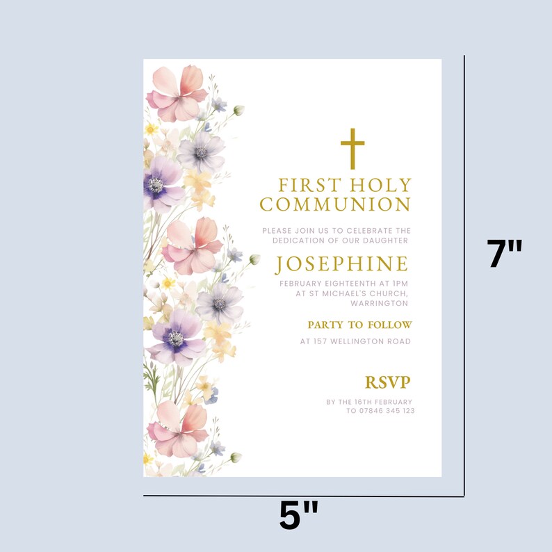 Girls First Holy Communion Invite, Wild Flower 1st Communion Invite ...