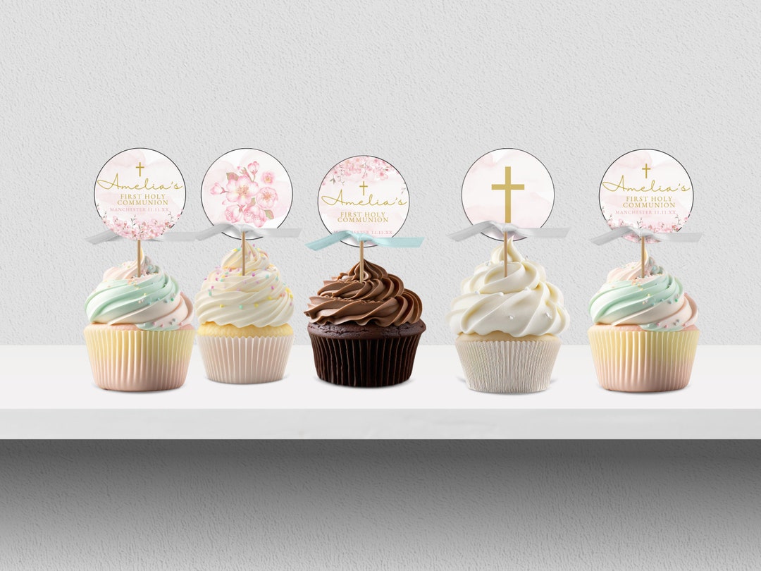 First Holy Communion Cupcake Toppers, Cherry Blossom Cake Toppers ...