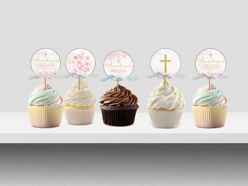 First Holy Communion Cupcake Toppers, Cherry Blossom Cake Toppers ...