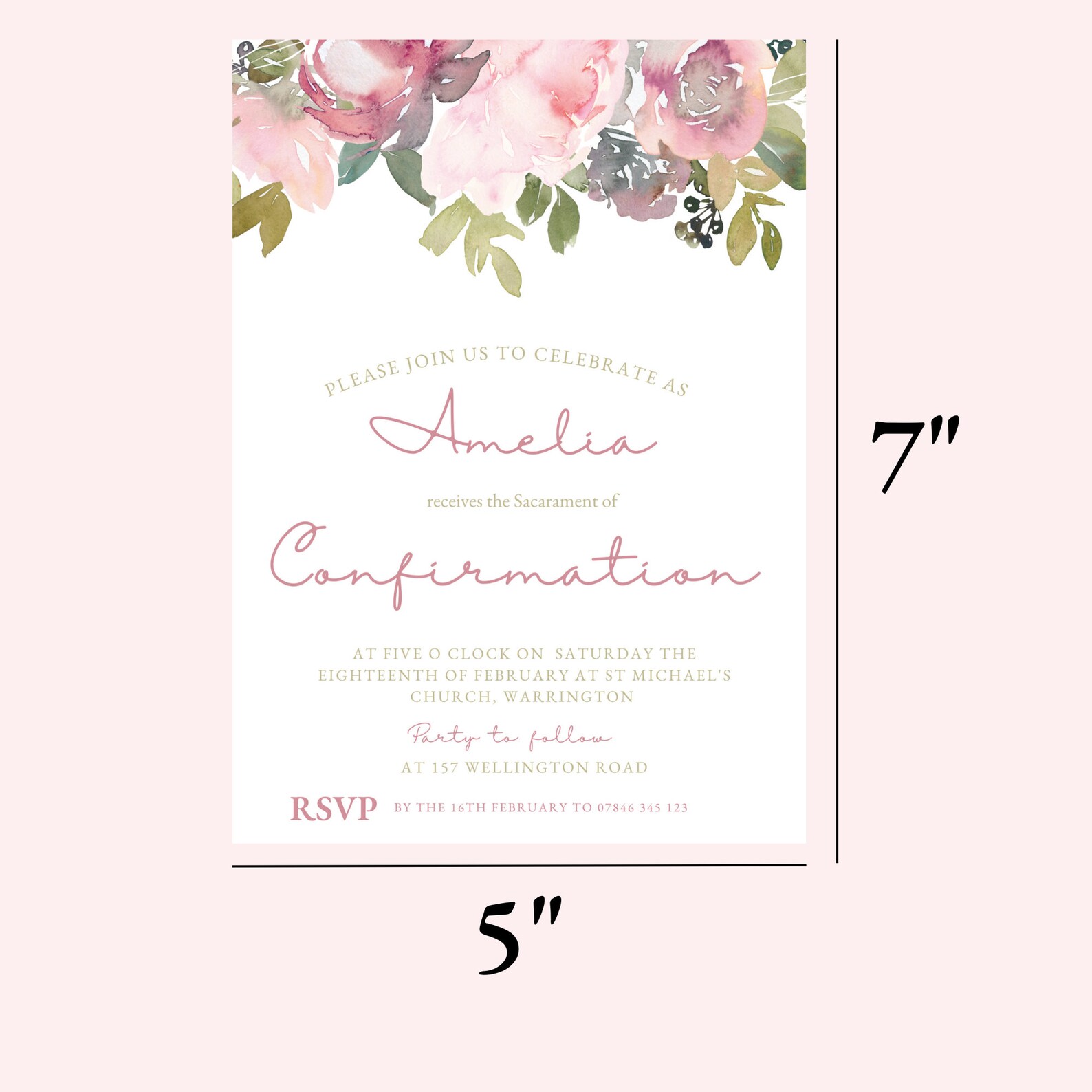 Blush Pink Floral Confirmation Invitation Template, Printable Catholic ...