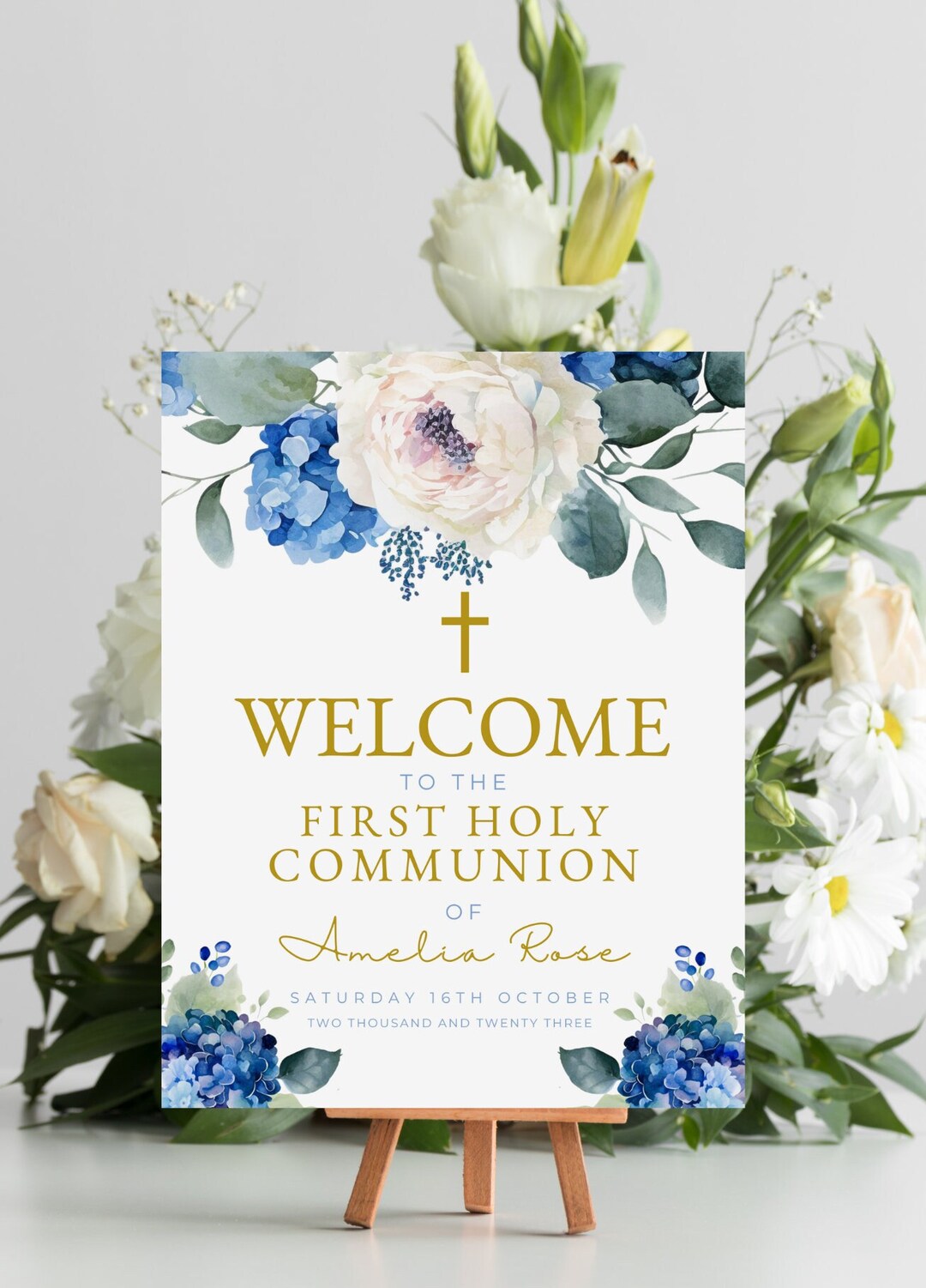 Printable Blue and White Floral First Holy Communion Party Welcome Sign ...