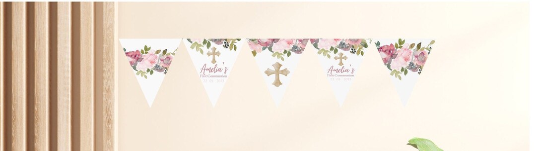 Boho Blush Pink Floral First Communion Bunting 5"x7" Printable Template ...