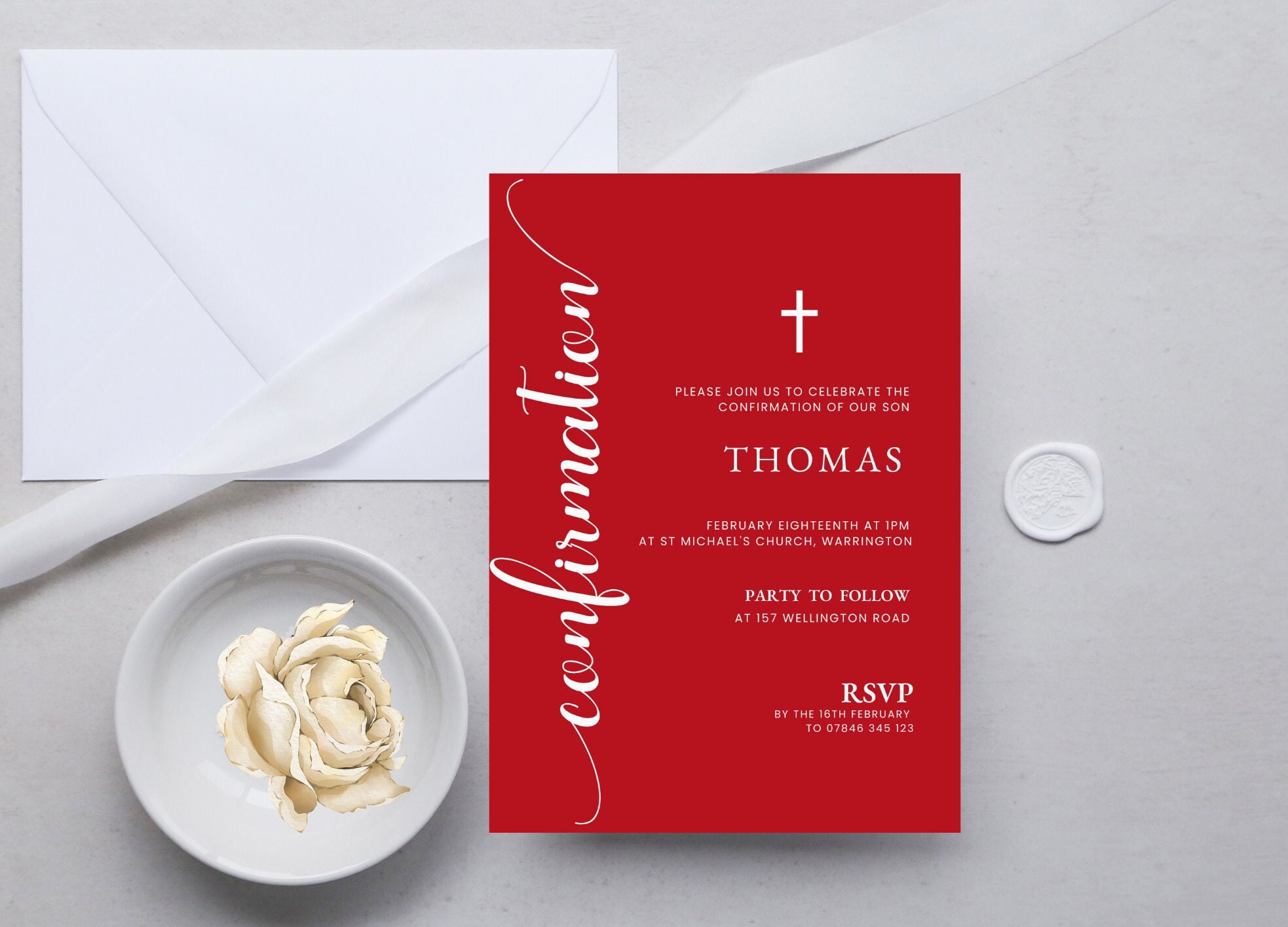 Red Confirmation Invitation Template, Modern Confirmation Invitation ...