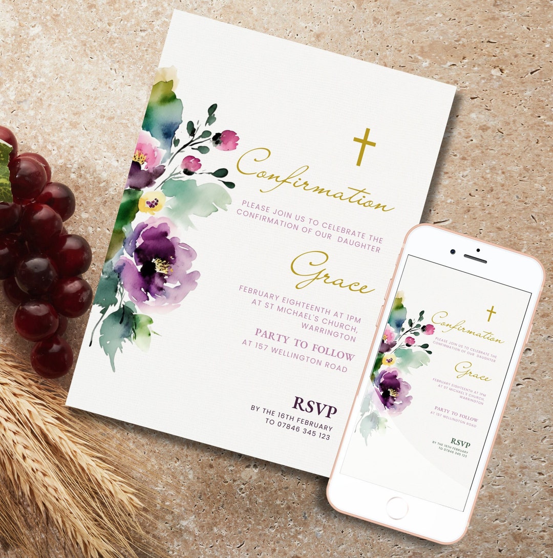 Purple Floral Confirmation Digital Invitation, Girls Confirmation ...