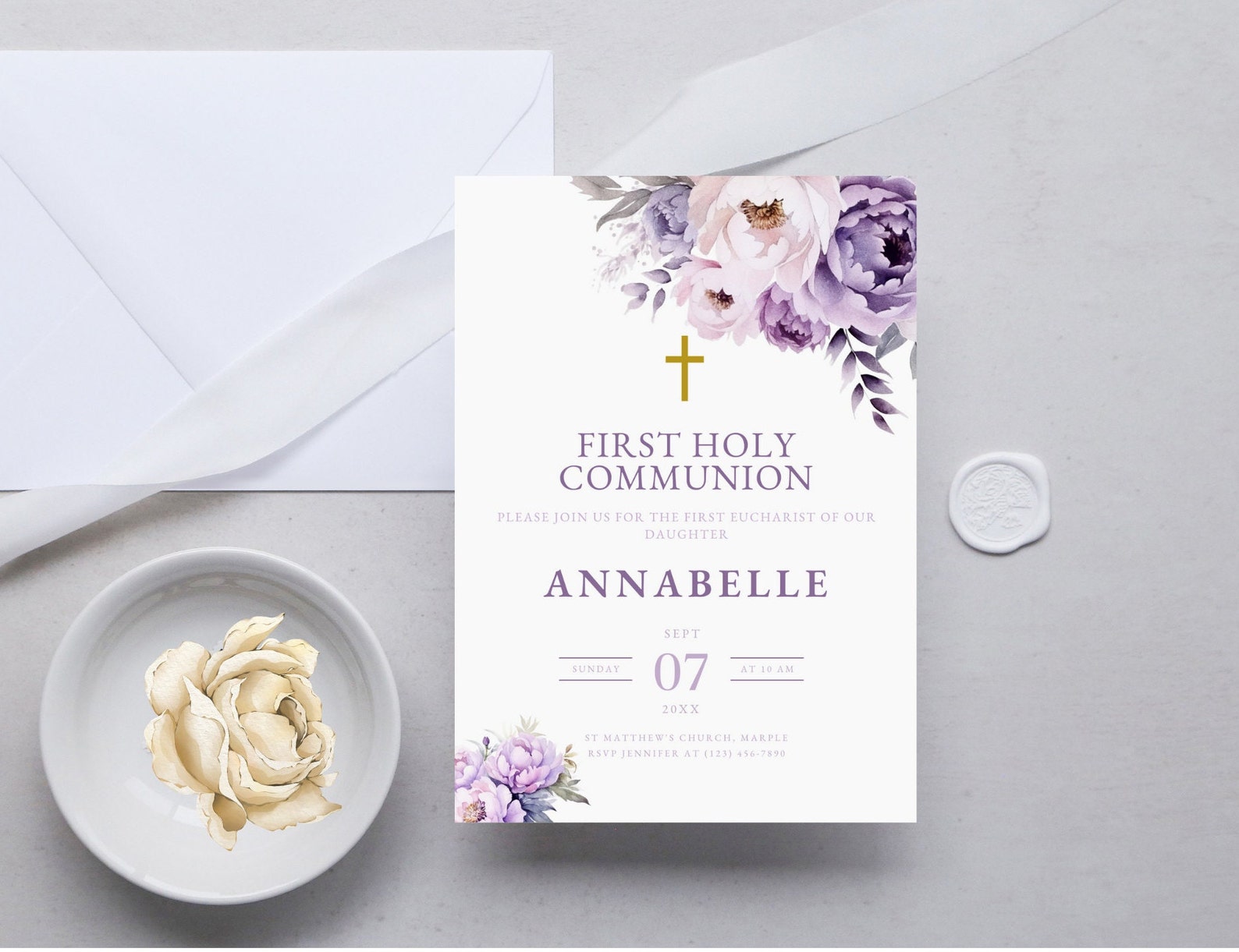 Purple Floral First Communion Invitation Template, Boho Girls 1st Holy ...