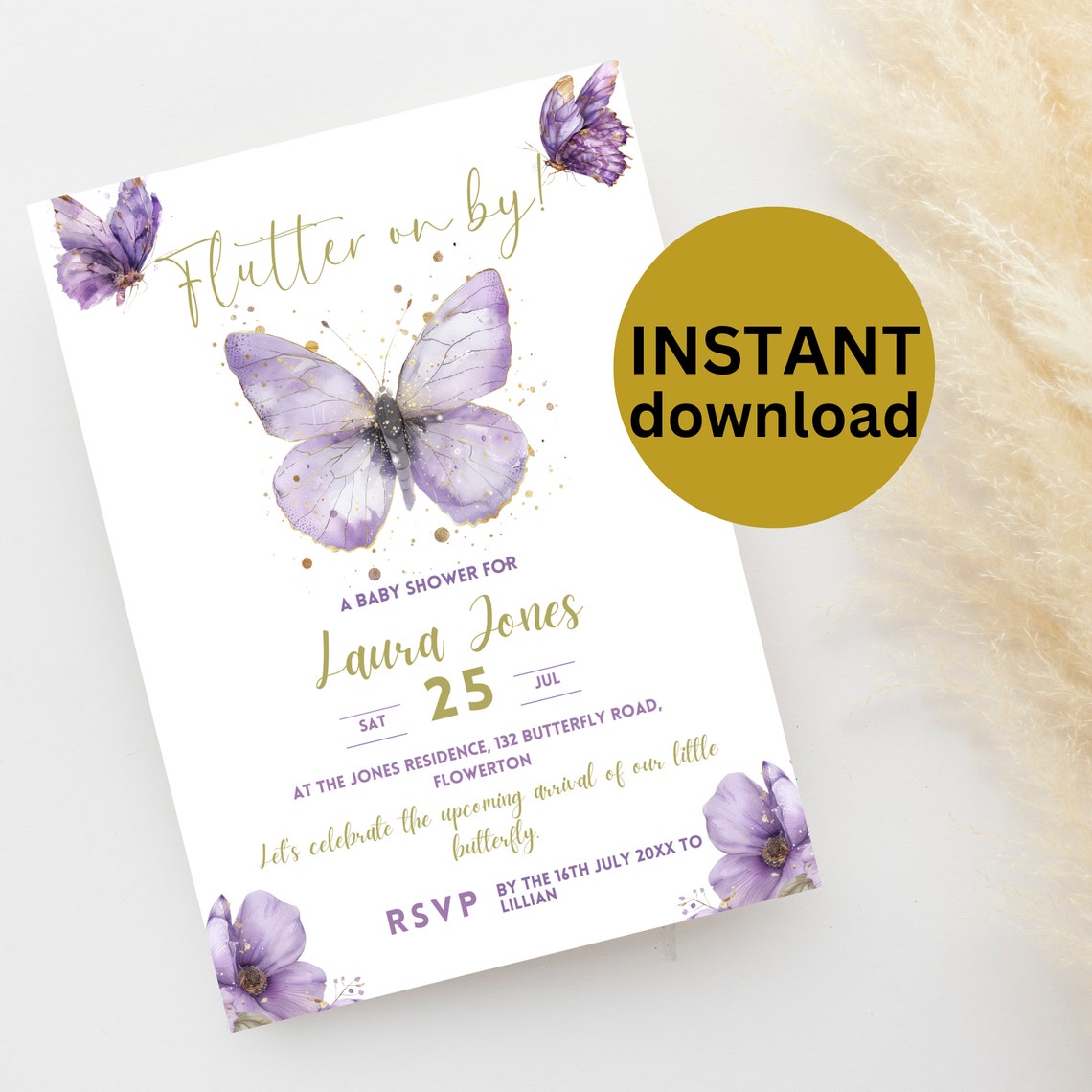 Lavender Baby Shower Invitation Girl Butterfly Templates Editable ...