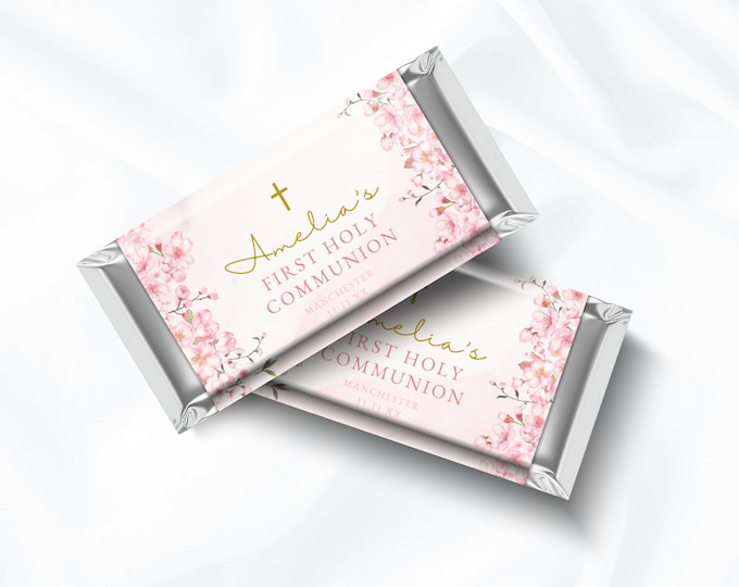 Personalized First Communion Pink Floral Cross Miniature Candy Wrappers ...