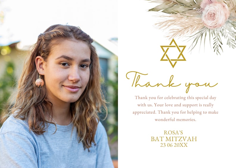 Bat Mitzvah Thank You Card, Boho Bat Mitzvah Photo Thank You Note ...