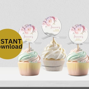 EDITABLE Floral Blush Pink Cupcake Toppers, Girl Baby Shower ...
