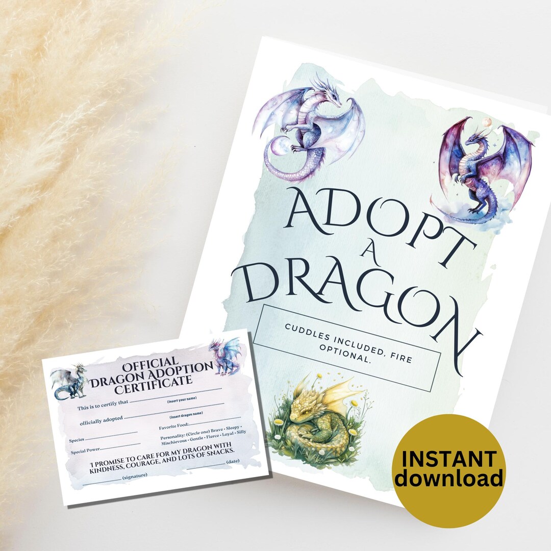 Dragon Adoption Sign & Certificate Printable Party Favor for Kids ...