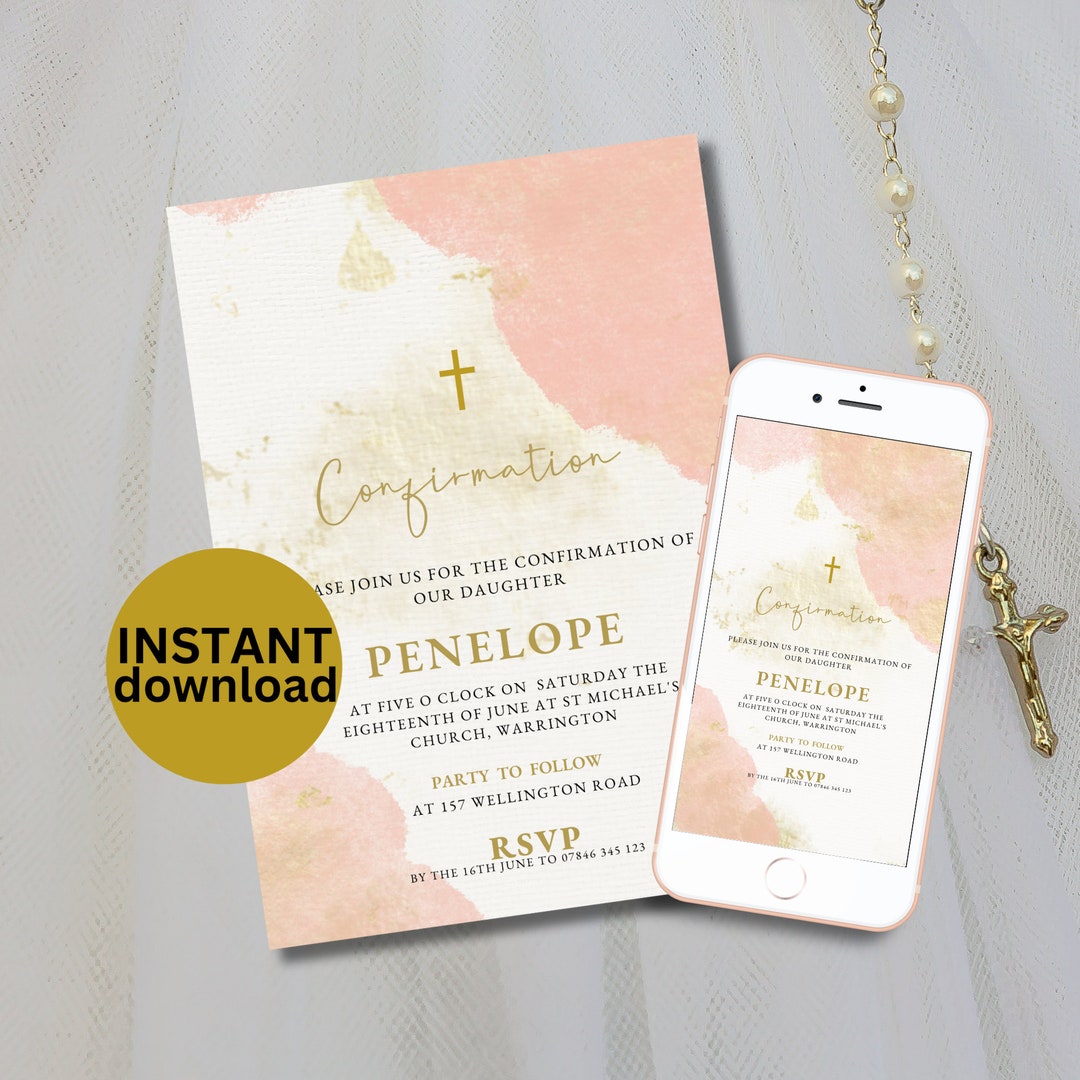 Pink and Gold Confirmation Invitation Printable Editable Confirmation ...