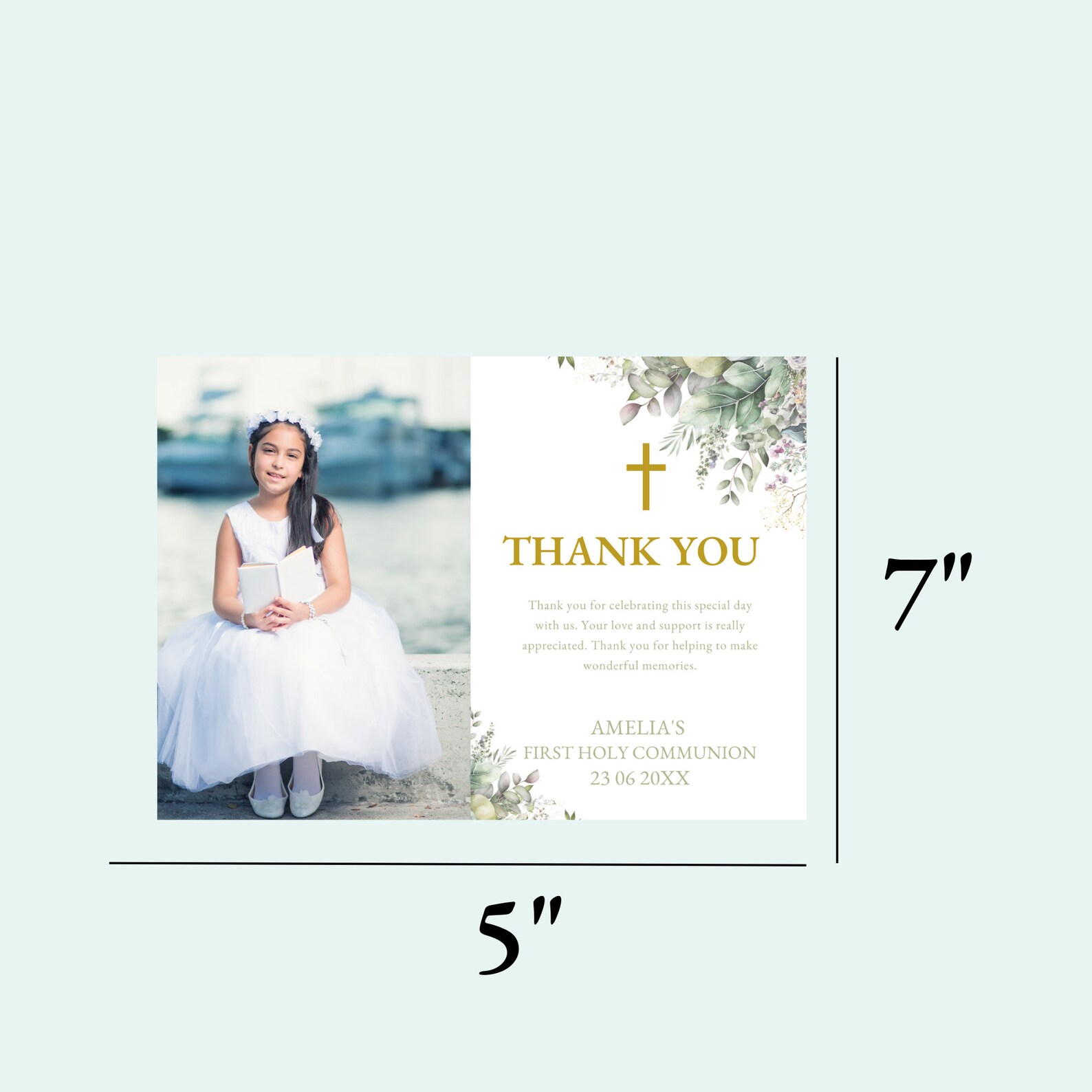 First Holy Communion Thank You Postcard, Photo Thank You Note, Greenery ...