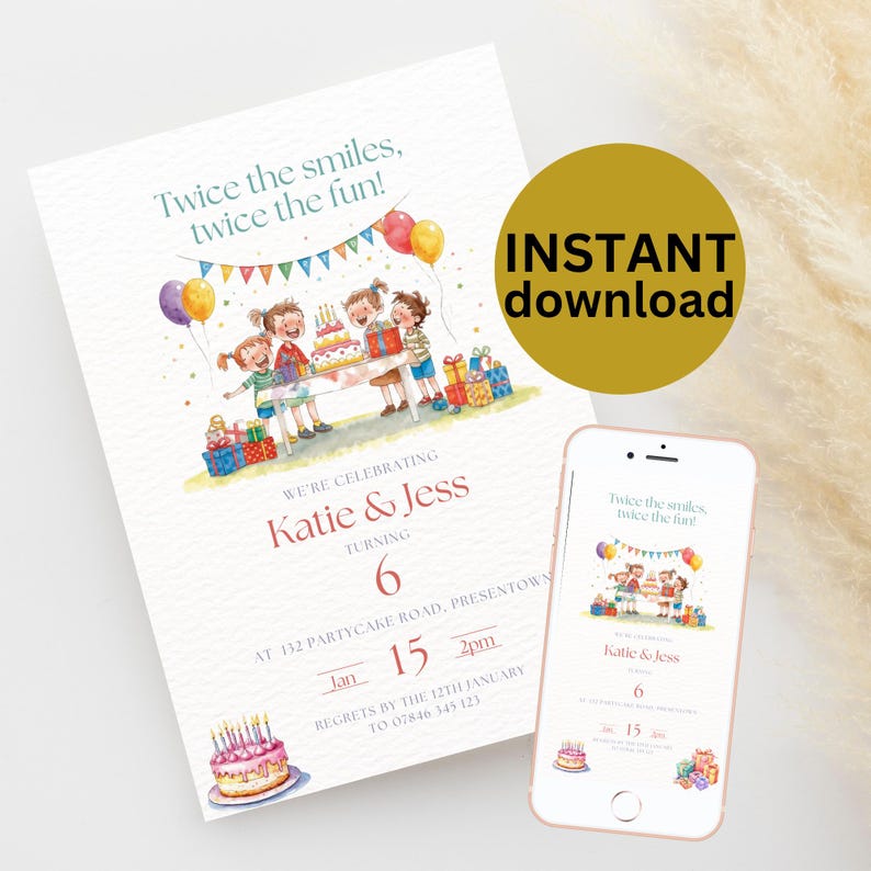 Twin Girls First Birthday Invitation Editable Digital Download Cute ...