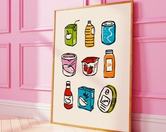Funky Grocery Items Poster • Colorful Food Art Prints • Cute Kitchen ...