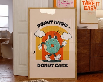 Donut Know Donut Care Poster Retro Cute Kitchen Wall Print Funky Food ...
