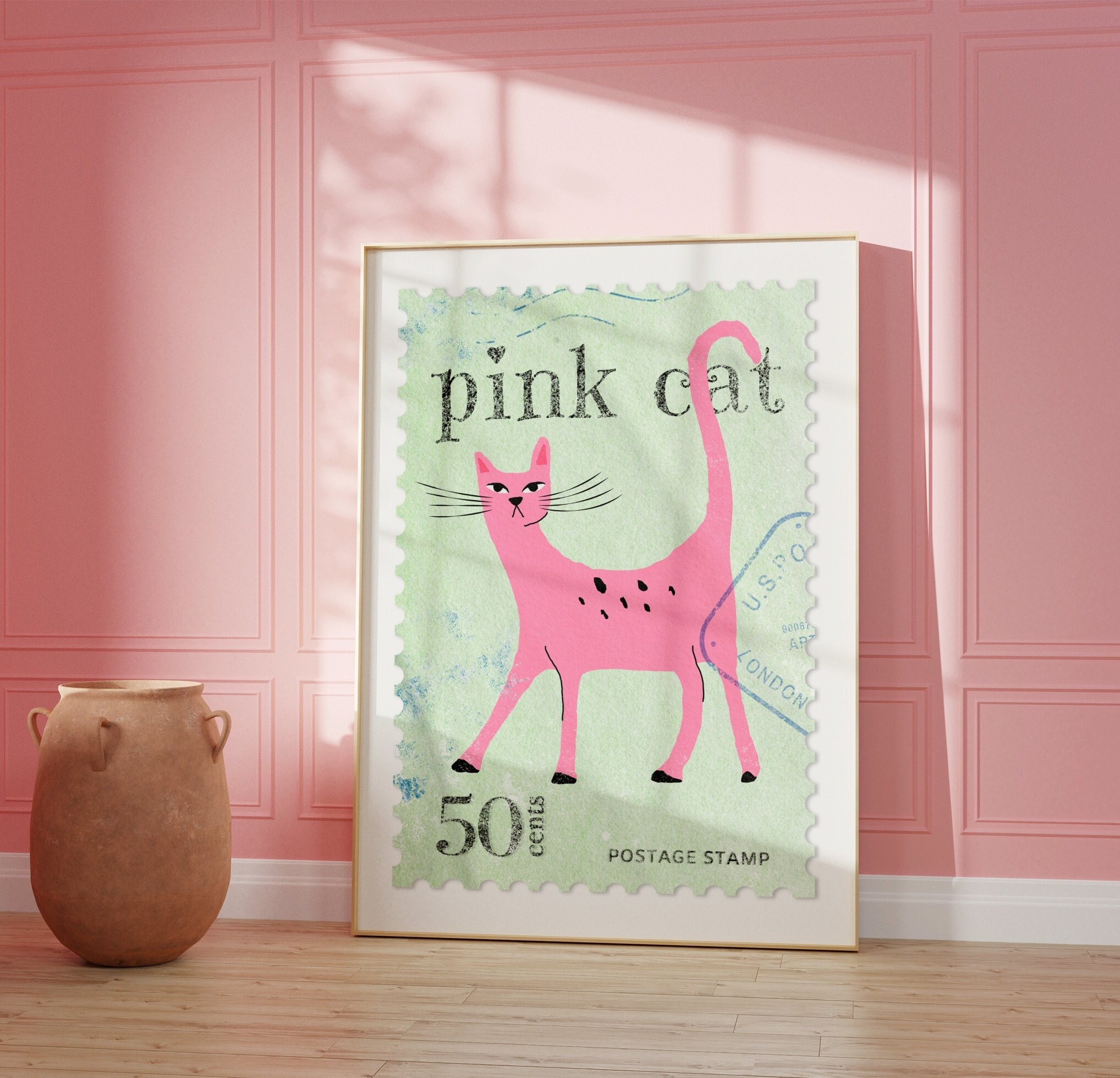 Funky Pink Cat Print • Girly Eclectic Home Decor • Cute Postal Stamp ...