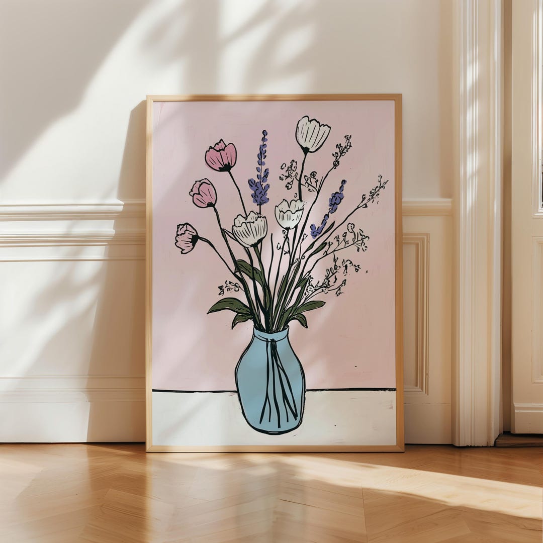 Fine Line Bouquet of Flowers • Simple Floral Art Lavender ...