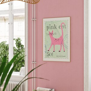 Funky Pink Cat Print • Girly Eclectic Home Decor • Cute Postal Stamp ...