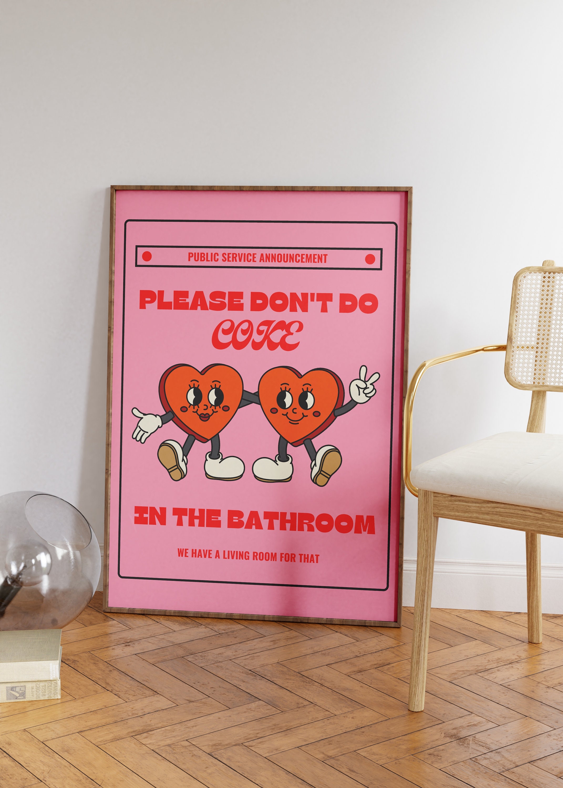Funky Please Don't Do Coke in the Bathroom Print Pink Retro Hearts Wall Art Funny Bathroom ...