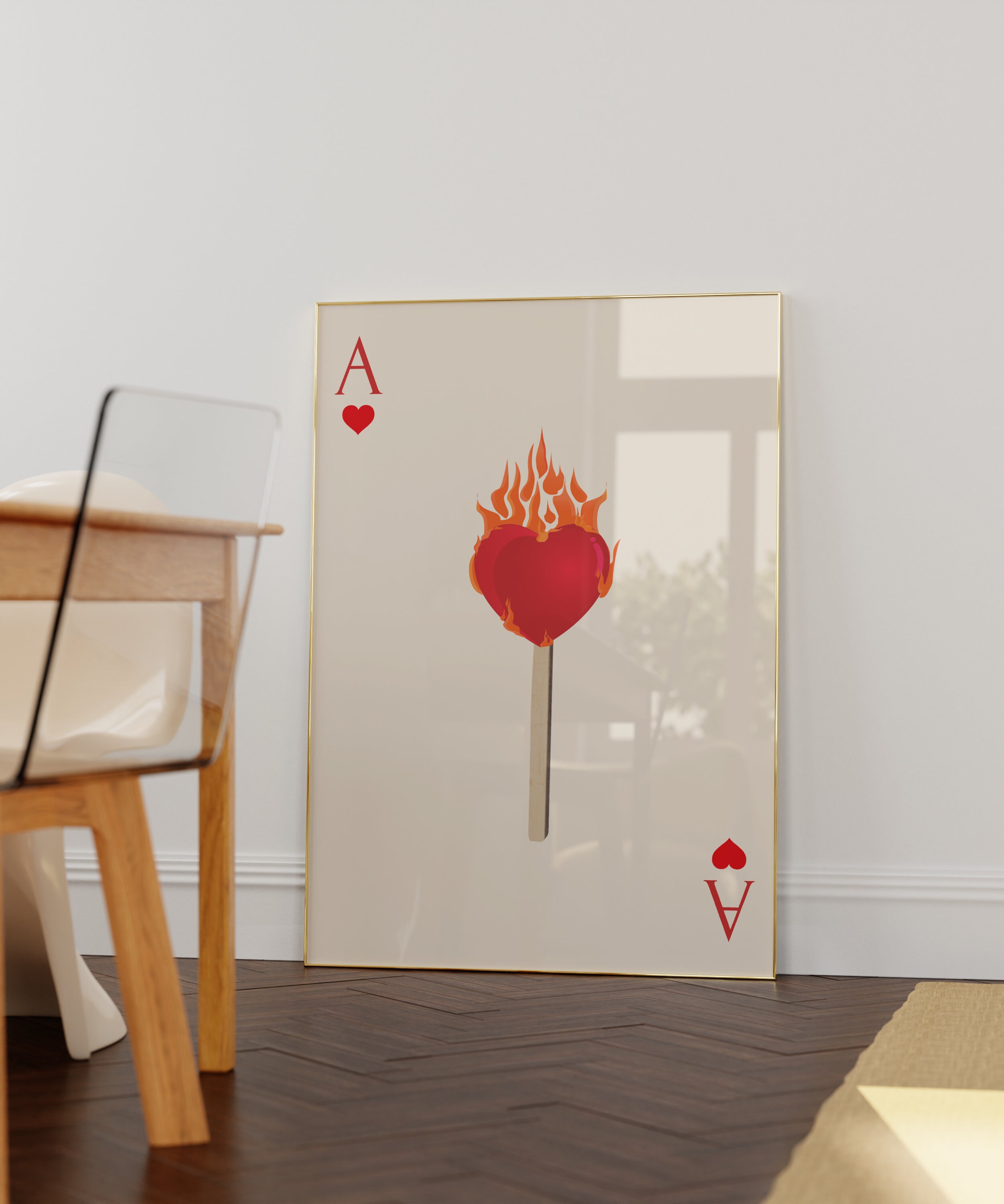 Red Ace of Hearts Poster Flaming Heart on Match Playing Cards Print ...