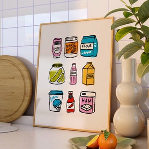 Funky Grocery Items Poster • Colorful Food Art Prints • Cute Kitchen ...