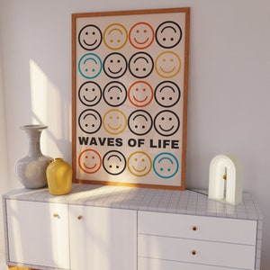 Smiley Face Wall Art • Waves of Life Printable • Retro Emotions Poster ...