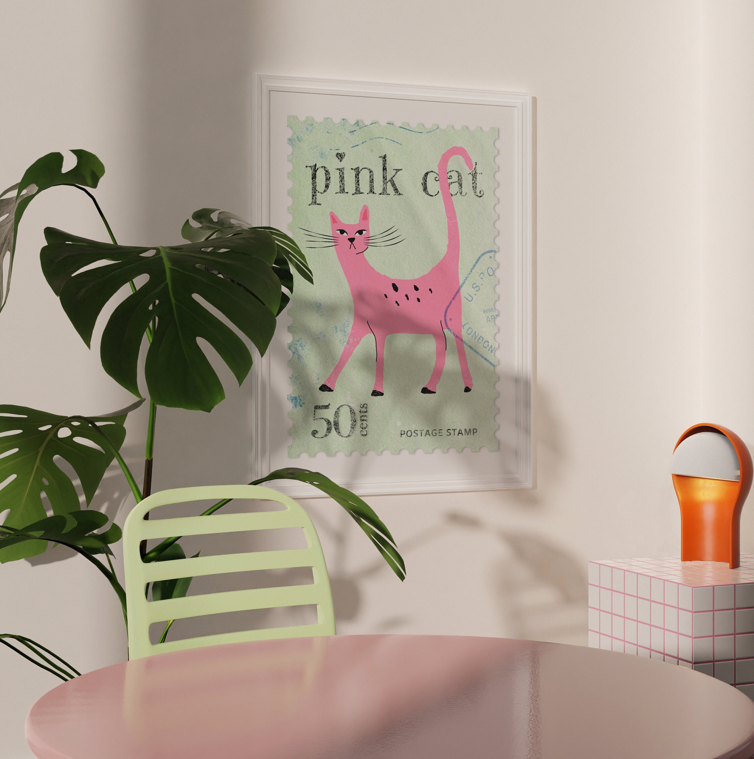 Funky Pink Cat Print • Girly Eclectic Home Decor • Cute Postal Stamp ...