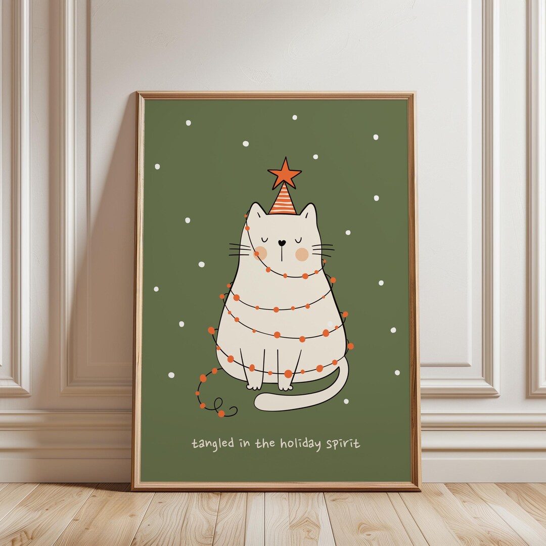 Funny Festive Christmas Cat Wall Print • Cat Lover Christmas Art ...