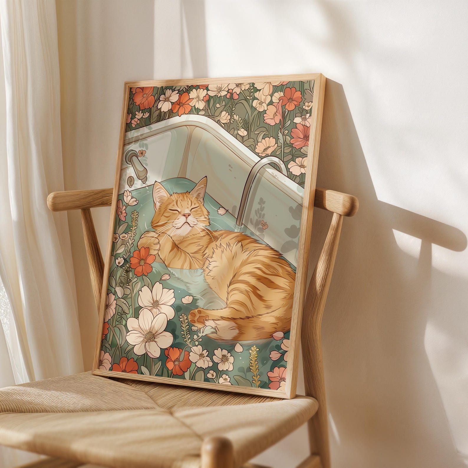 Cute Orange Cat in Tub Wall Art • Printable Bathroom Floral Wall Art ...