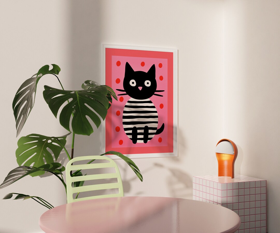 Cat Poster Funky Pink • Hand Drawn Cute Cat Lover Print • Feline ...