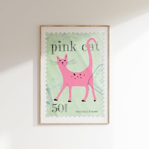 Funky Pink Cat Print • Girly Eclectic Home Decor • Cute Postal Stamp ...