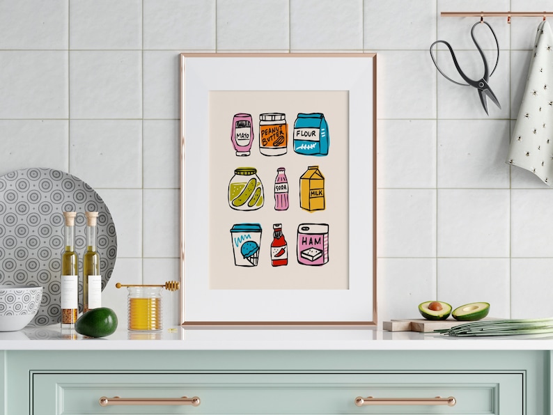 Funky Grocery Items Poster • Colorful Food Art Prints • Cute Kitchen ...