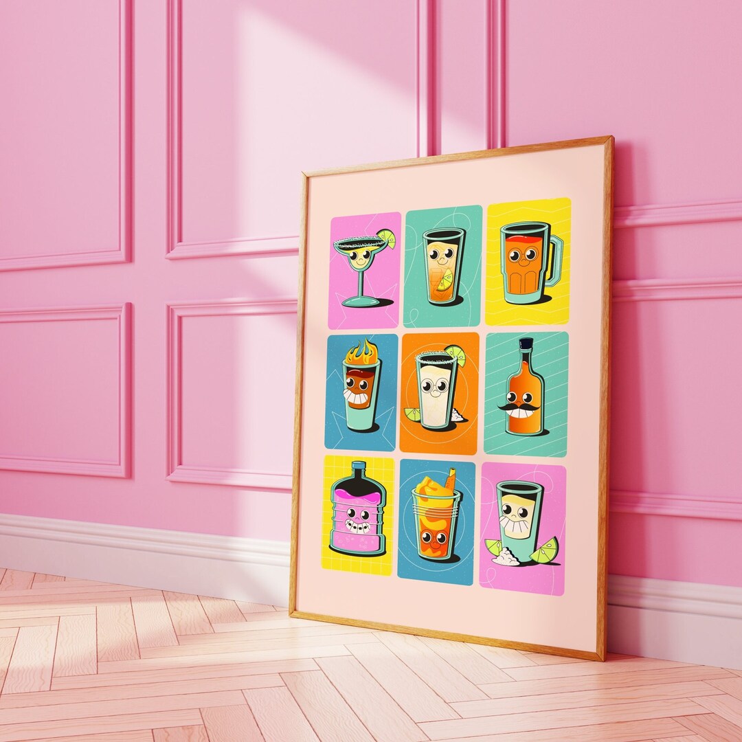 Funky Drinks Poster Colorful Bar Cart Prints Cute Retro Characters Wall ...