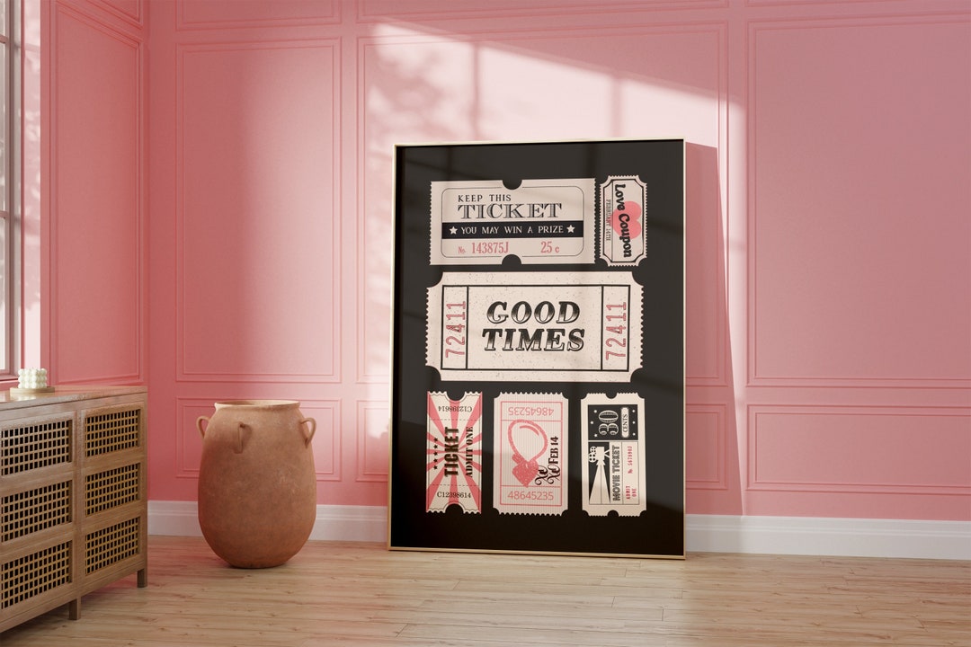 Good Times Tickets and Coupons Print • Black, Cream, Pink Vintage Wall ...