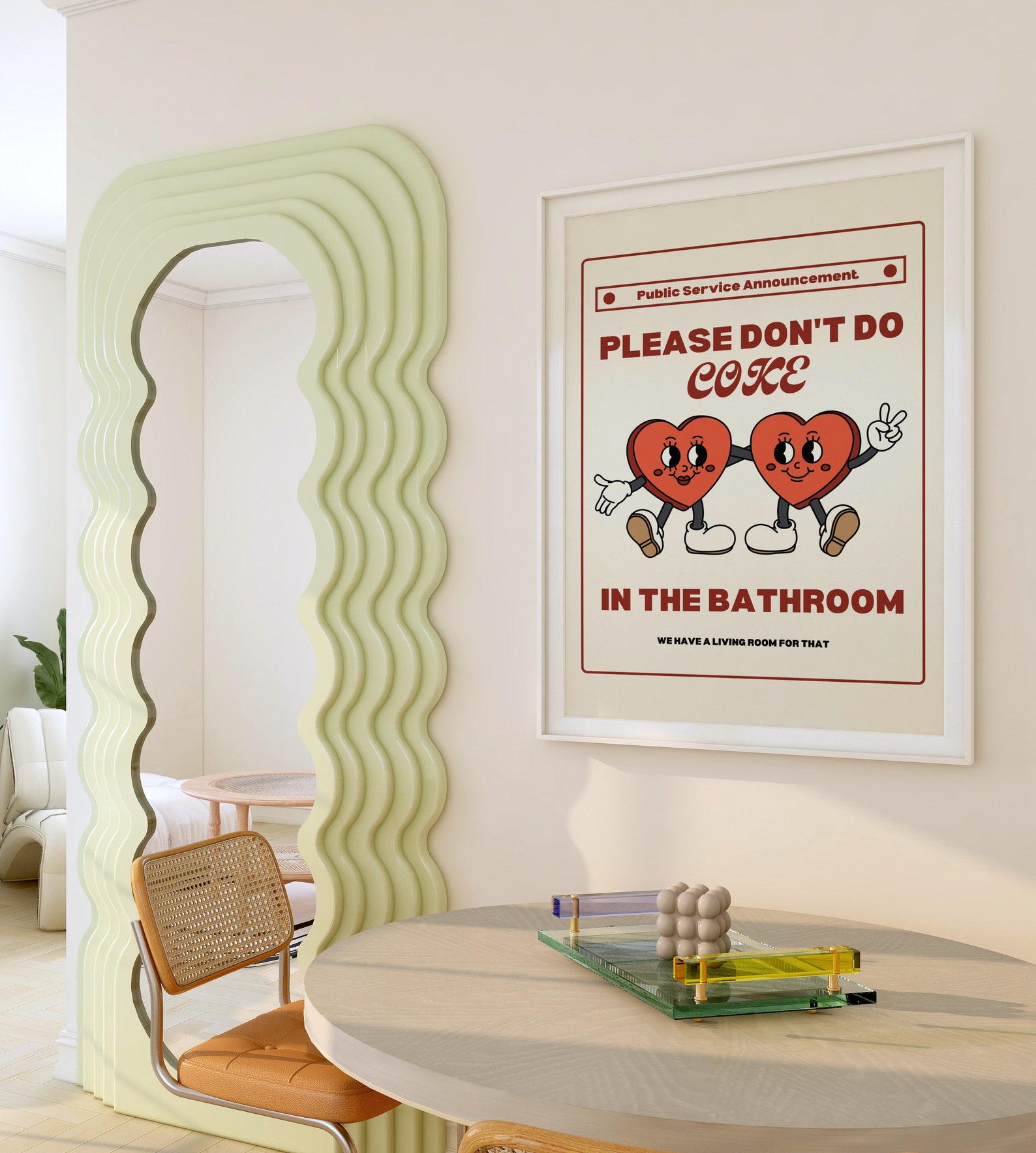 Retro Please Don't Do Coke in the Bathroom Print Beige Groovy Animated ...