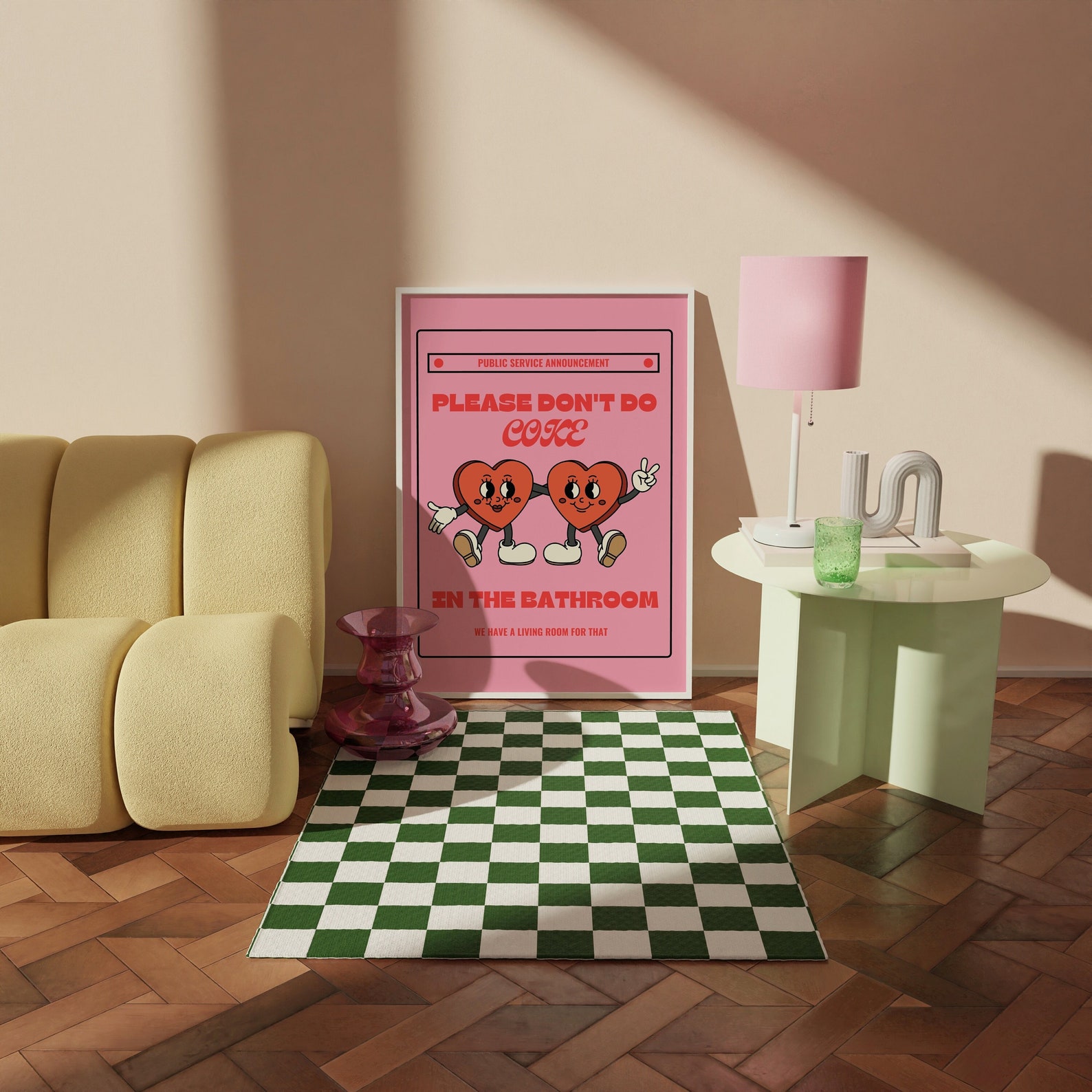 Funky Please Don't Do Coke in the Bathroom Print • Pink Retro Hearts ...