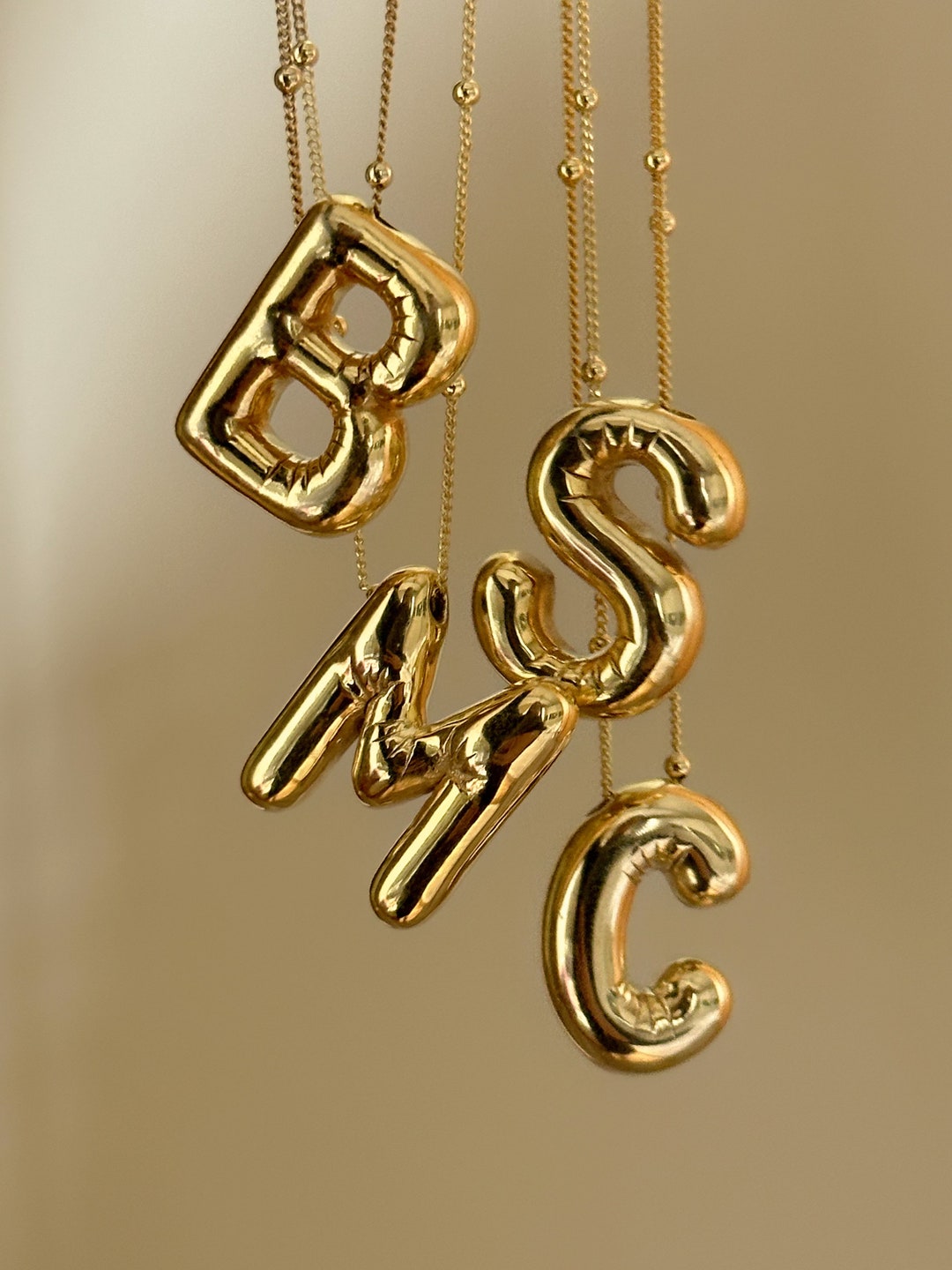 3D Bubble Letter Initial Necklace, 14k Gold Balloon Letter Necklace ...