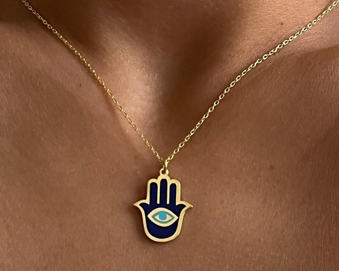 Enamel Hamsa Fatima Hand Necklace, Talisman Protection Hand Necklace, Evil Eye Jewelry, Dainty ...