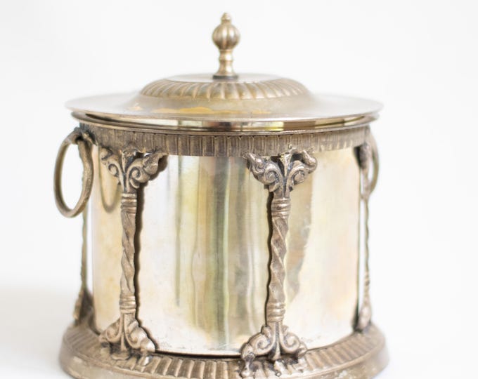 Vintage Brass Biscuit Box Ice Bucket: Etched Canister With Ring Handles ...