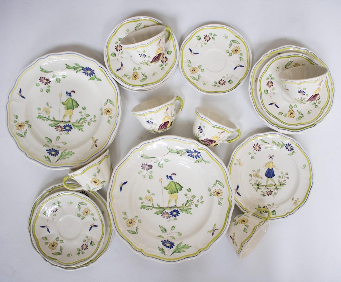 French Plates Vintage Stoneware Moustiers Longchamp Dinner Plate Set ...