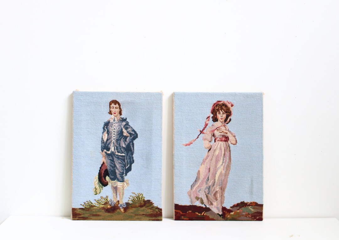 Pinkie and Blue Boy Vintage Needlepoint, Woven Wall Hanging, Cross ...