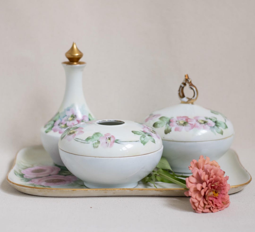 Vintage Limoges Vanity Set: French Antique Perfume Bottle, Pink Rose ...