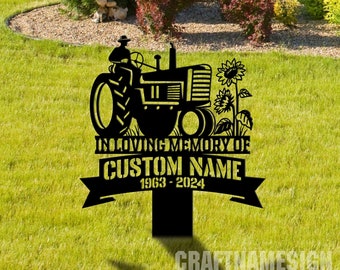 Custom Farmer Tractor Memorial Stake, Farm Garden Metal Yard Art, Farm ...