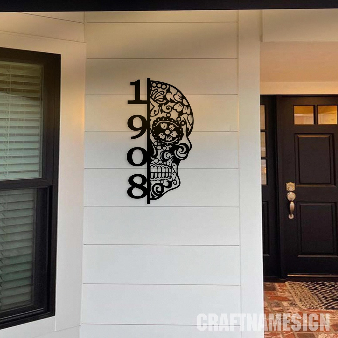 Custom Floral Skull House Number Metal Address Sign, Skull Address Sign ...