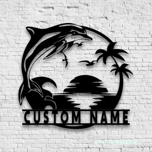 Personalized Dolphin Palm Tree Beach House Sunset Metal Sign With LED ...